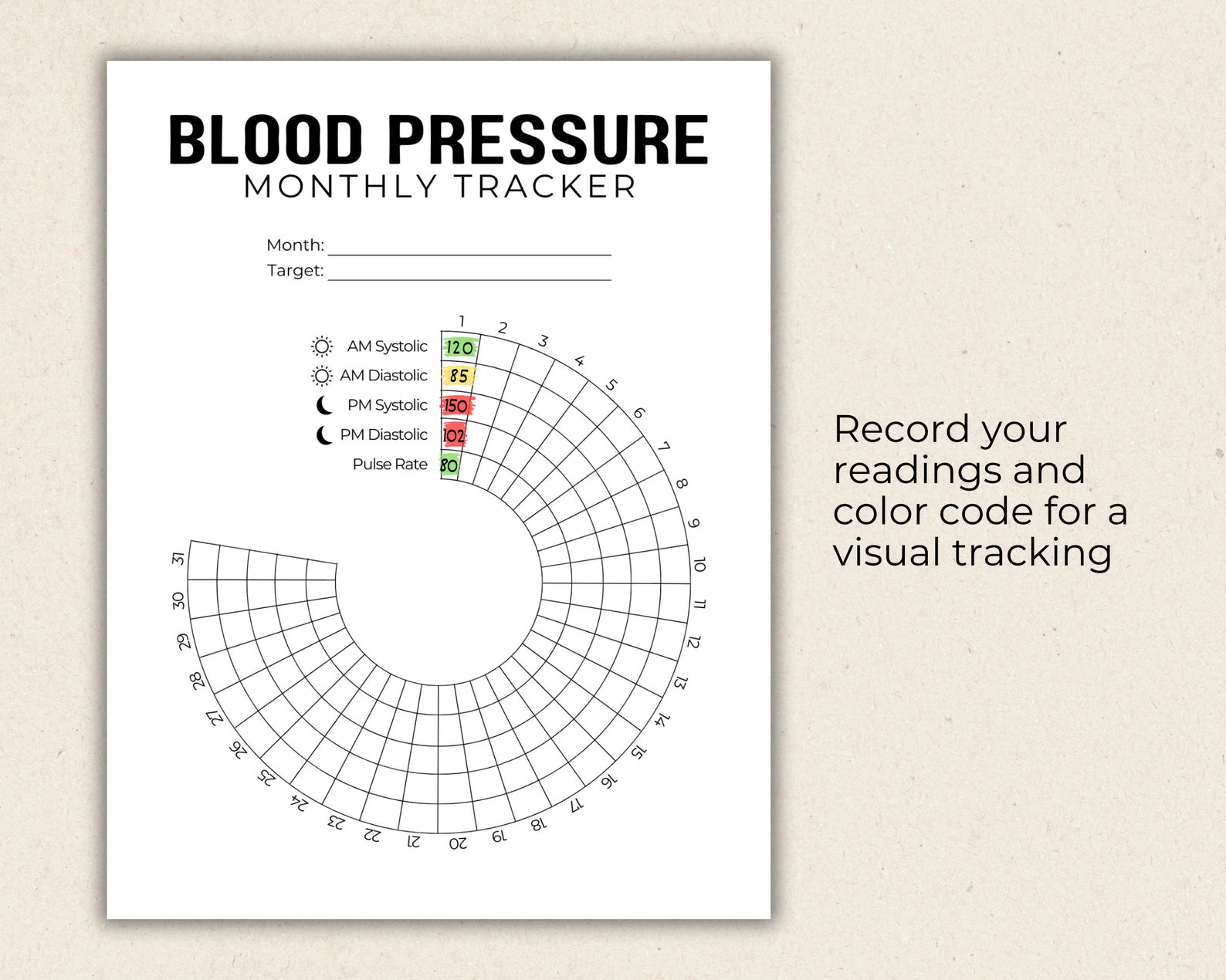 Visual Blood Pressure Log and Chart, Caregiver Log Medication Tracker ...