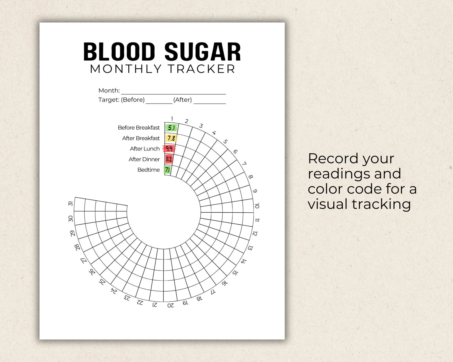 Visual Blood Sugar Log for Type 2 Diabetes, Diabetic Meal Plan ...