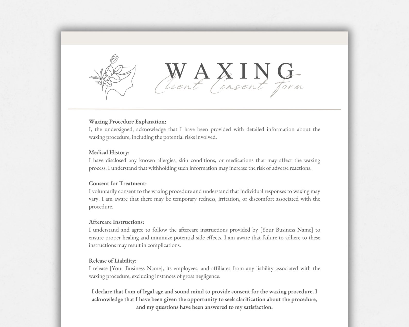 Modern Waxing Consent Form, Esthetician Forms for Liability Waiver and ...
