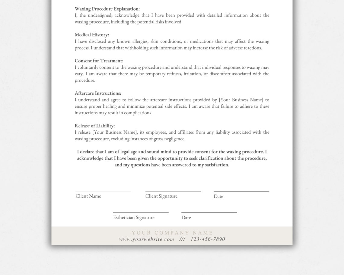 Modern Waxing Consent Form, Esthetician Forms for Liability Waiver and ...