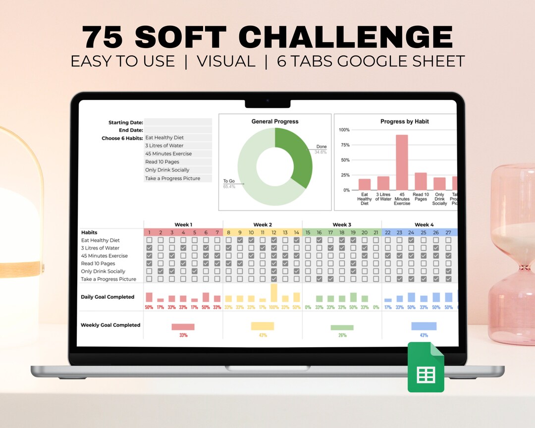 Editable 75 Soft Challenge Tracker Google Sheets, Weight Loss Fitness ...