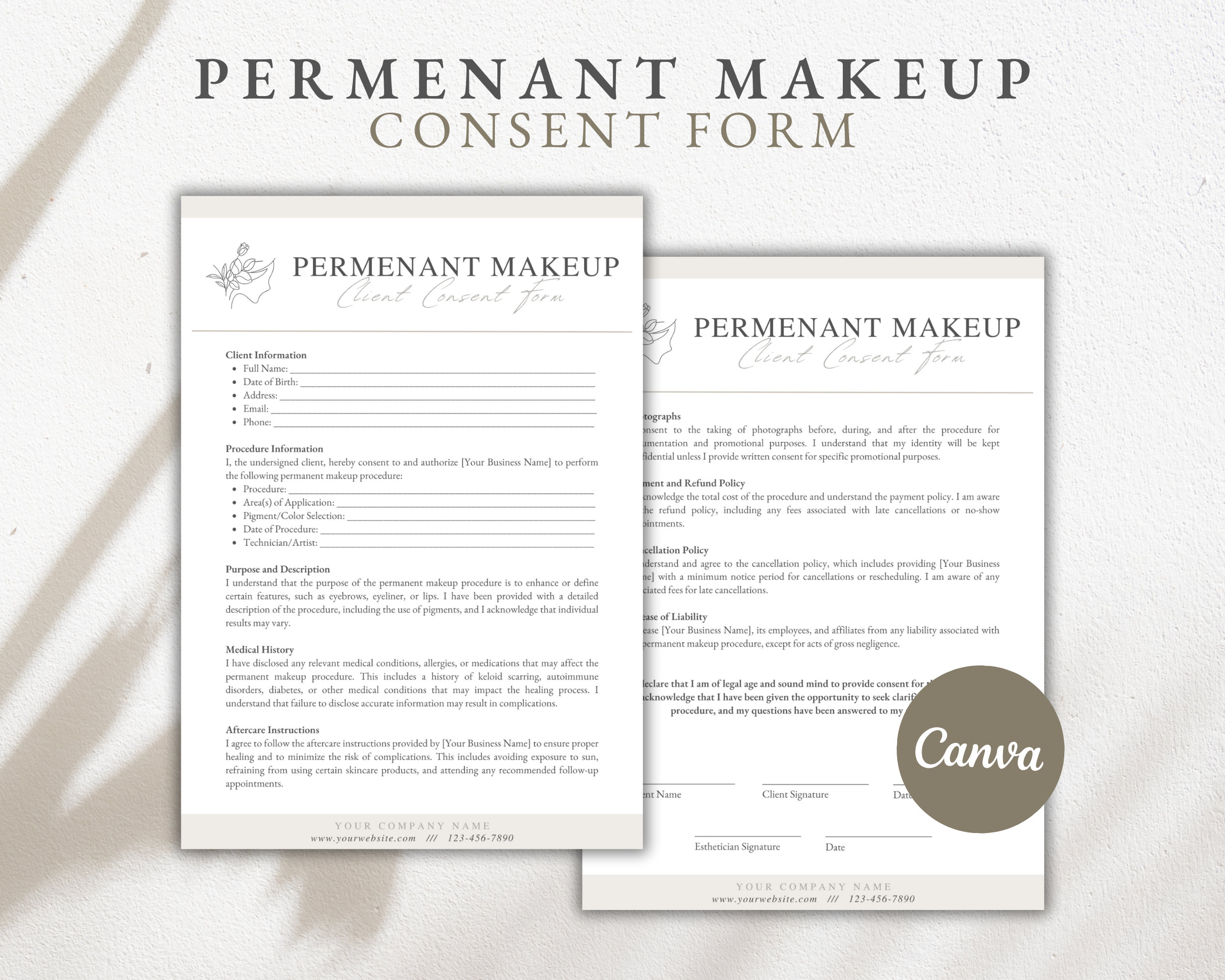 PMU Consent Form Esthetician Forms for Permanent Makeup Business, PMU ...