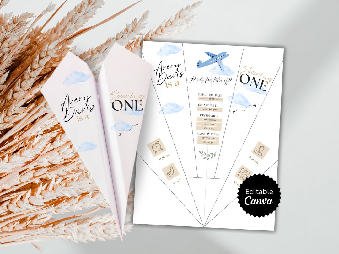 Paper Airplane First Birthday Invitation, DYI Foldable Airplane Party ...