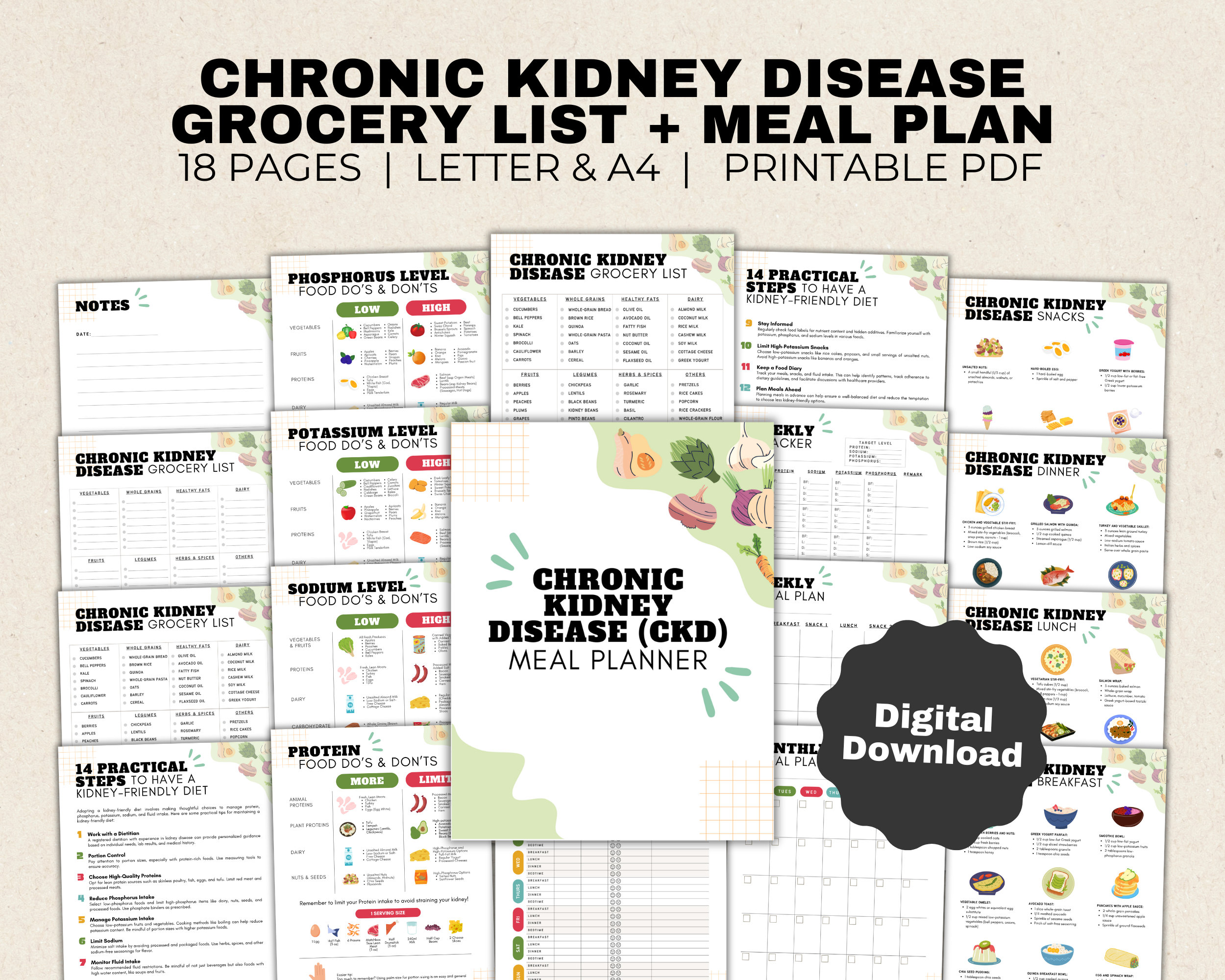 Kidney Diet and Grocery List, Chronic Kidney Disease Meal Planner With ...