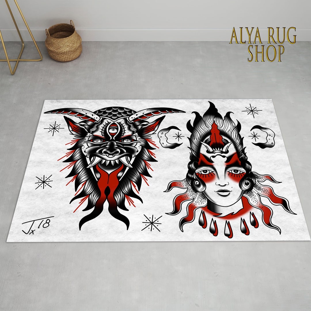 Tattoo Rug, Devil Demon Tattoo Rug, Traditional Tattoo Rug, Gothic ...