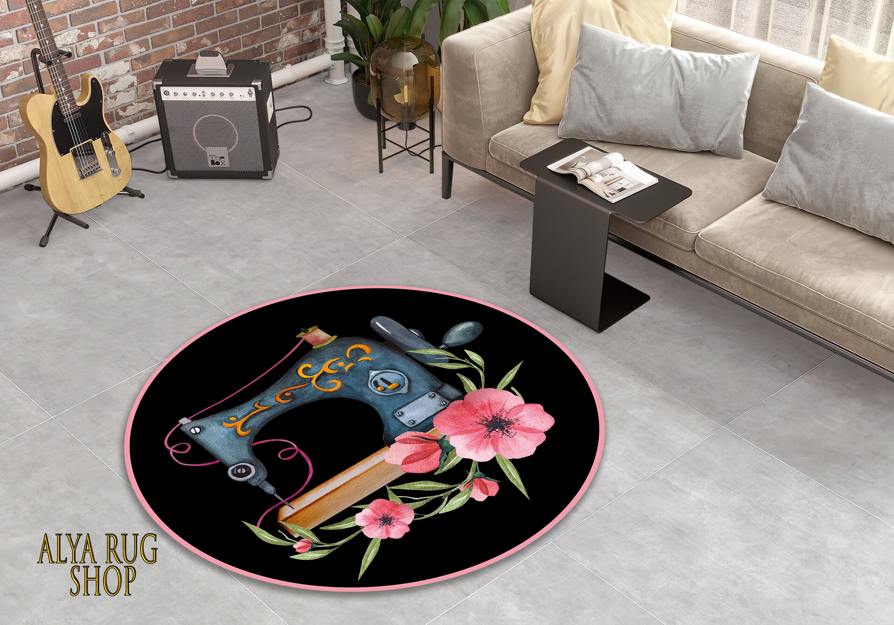 Tailor Rug, Sewing Machine Rug, Pink Flowers Rug, Tailor, Seamstress ...