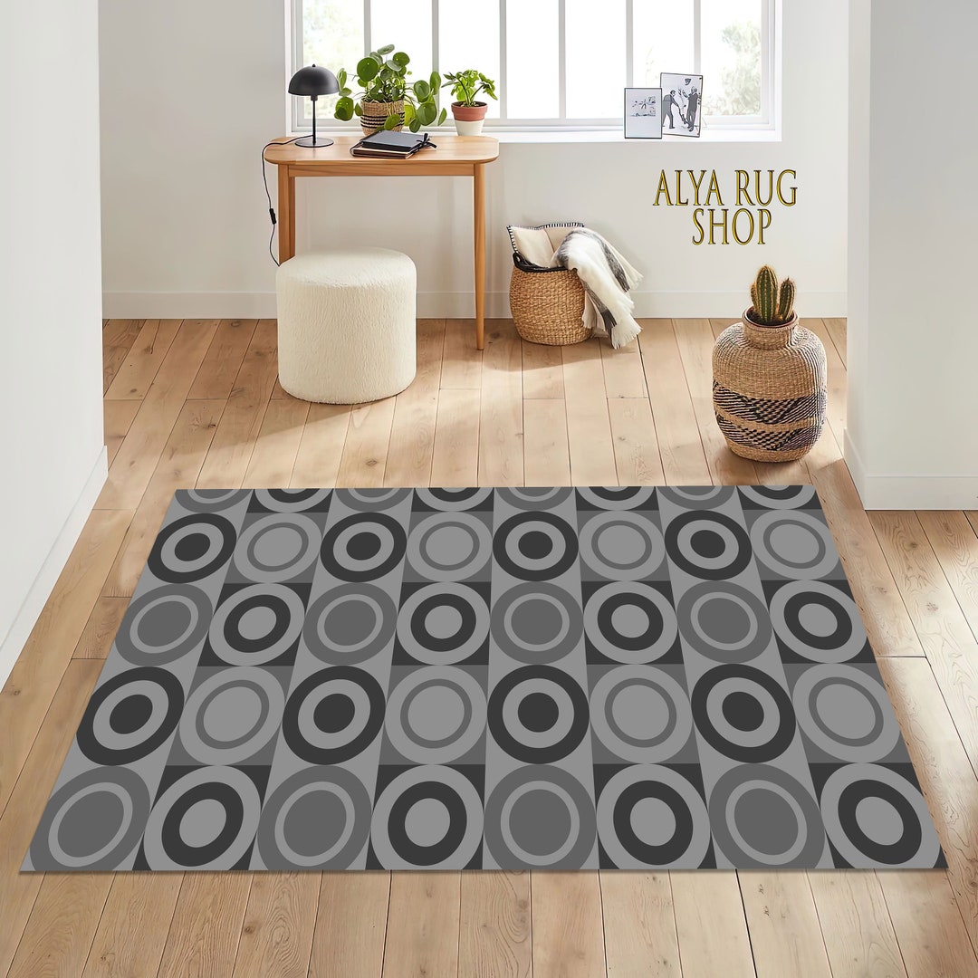 Retro Mid Century Grey Circle Pattern Rug, Grey Living Room Rug, Home ...