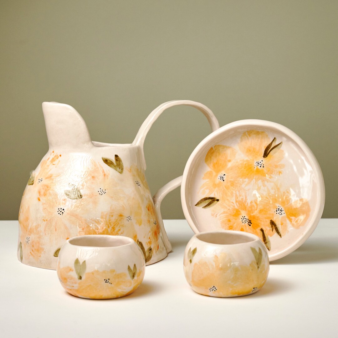 4 Pcs Yellow Flower Ceramic Jug Set | Handmade Pottery Jug and Cups ...