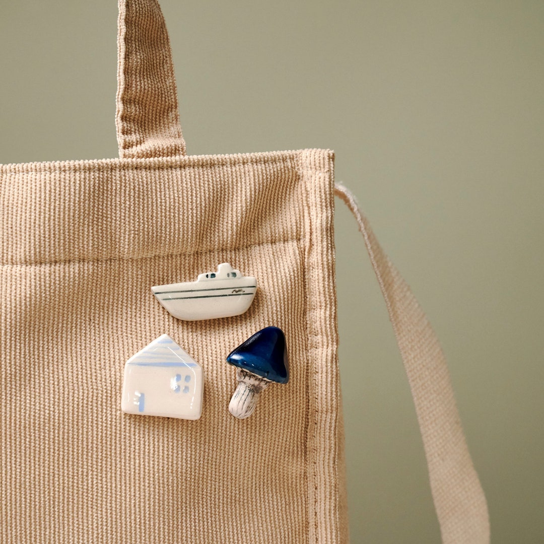 Mushroom, House and Ship Handmade Ceramic Clay Pin Brooch | Ceramic Pin ...