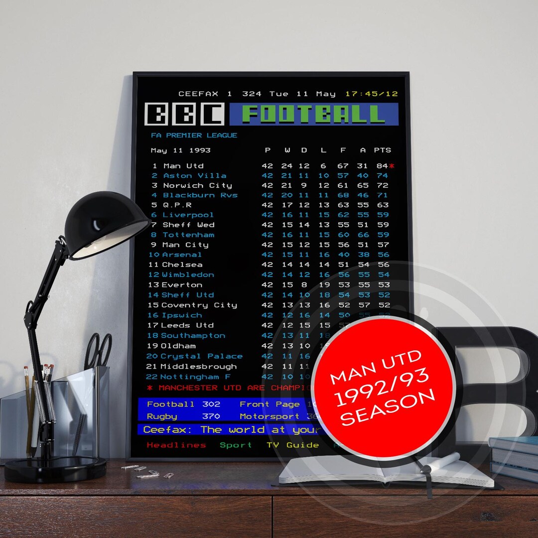 Man United CEEFAX TELETEXT 1992/93 Season League Table - LIMITED ...