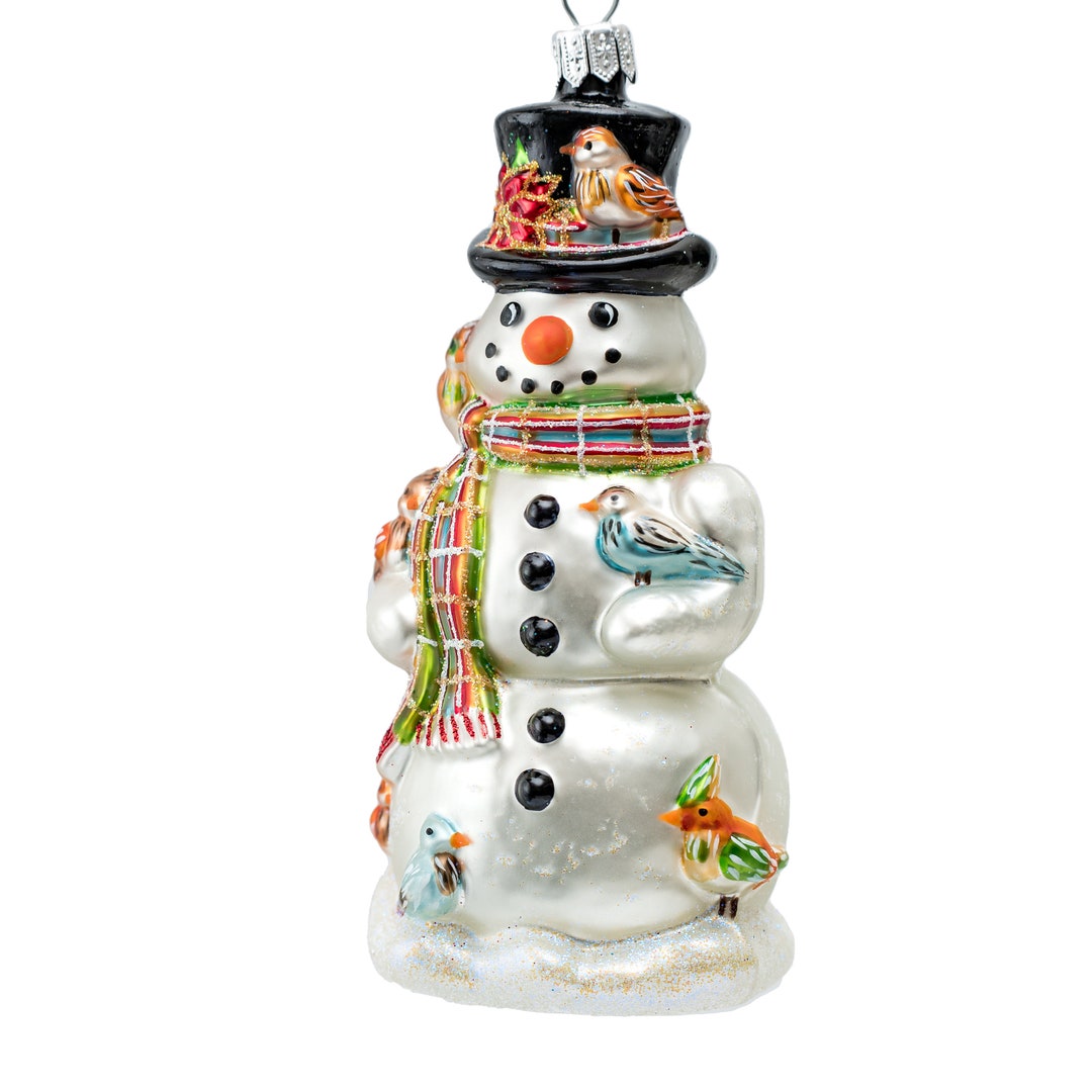 Snowman With Birds Hand-painted Glass Christmas Ornament Unique Holiday ...