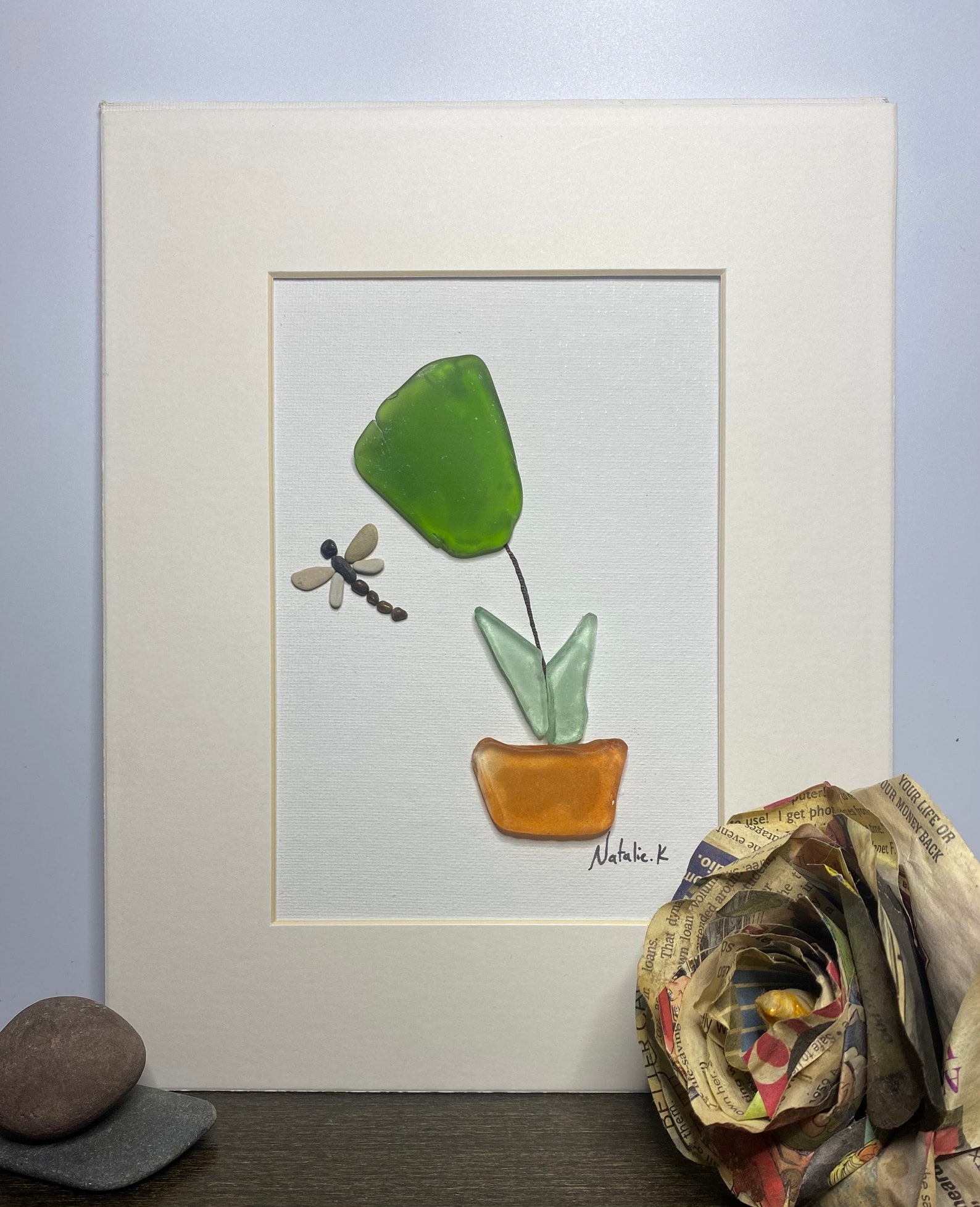 Dragonfly, Tulip, Friendship Picture Sea Glass Pebble Art by Natalie ...