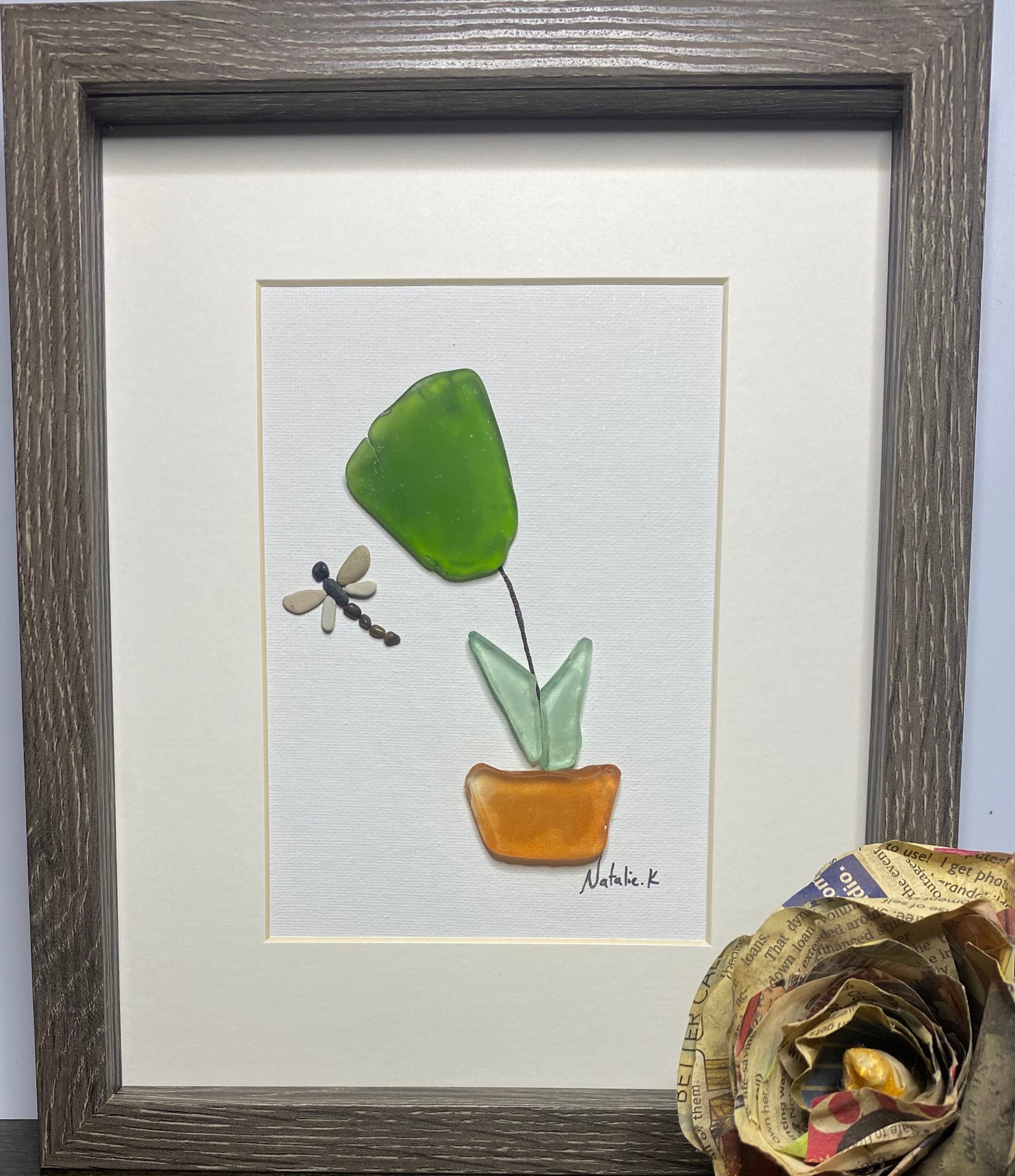 Dragonfly, Tulip, Friendship Picture Sea Glass Pebble Art by Natalie ...