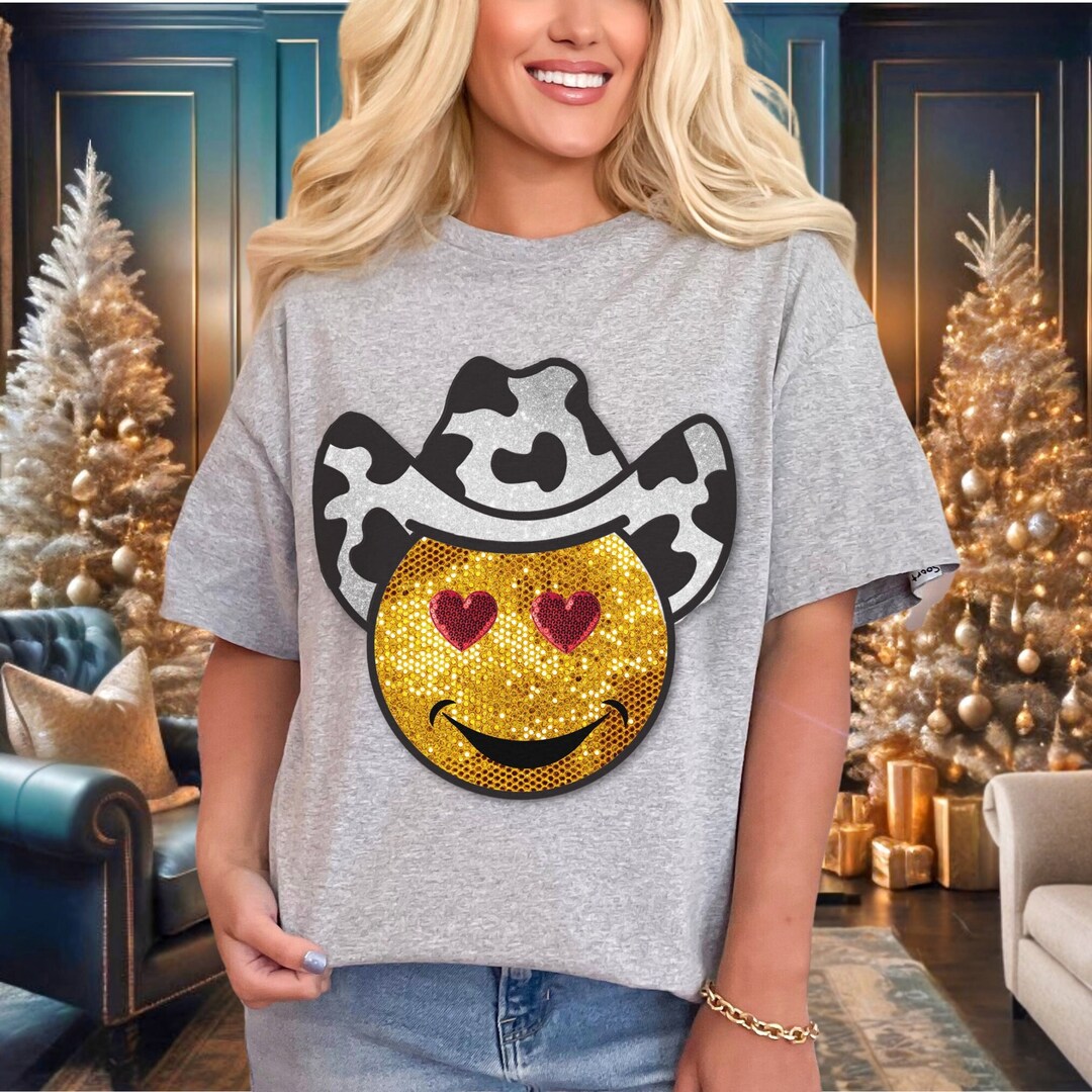 Sassy Smiley Cowboy Emblem Digital Print Design- Sparkly Faux Glitter ...