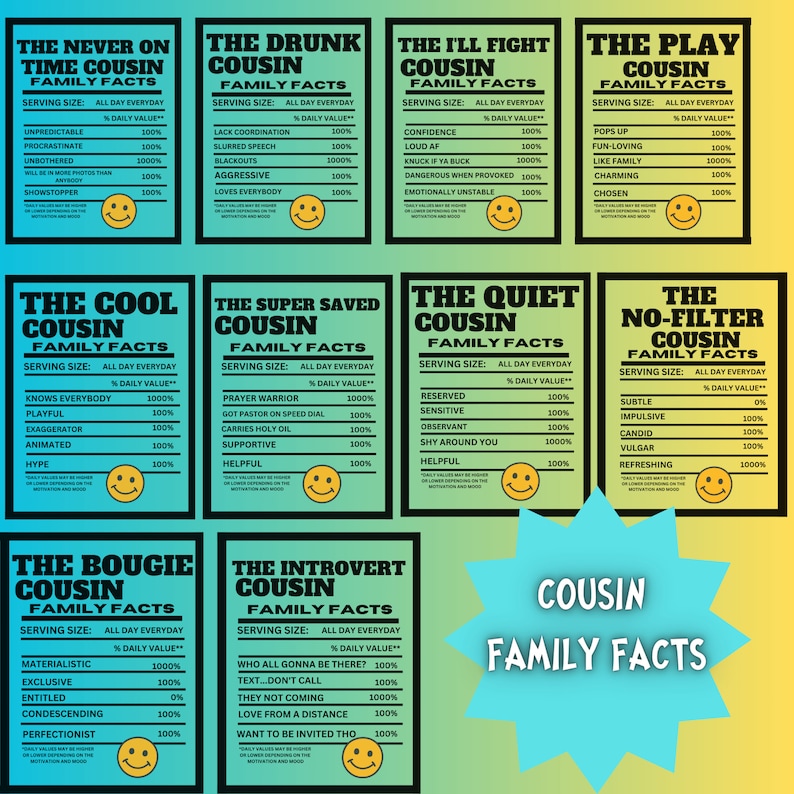 Cousins Nutrition Facts Graphic PNG Bundle for T-shirts Family Reunion ...