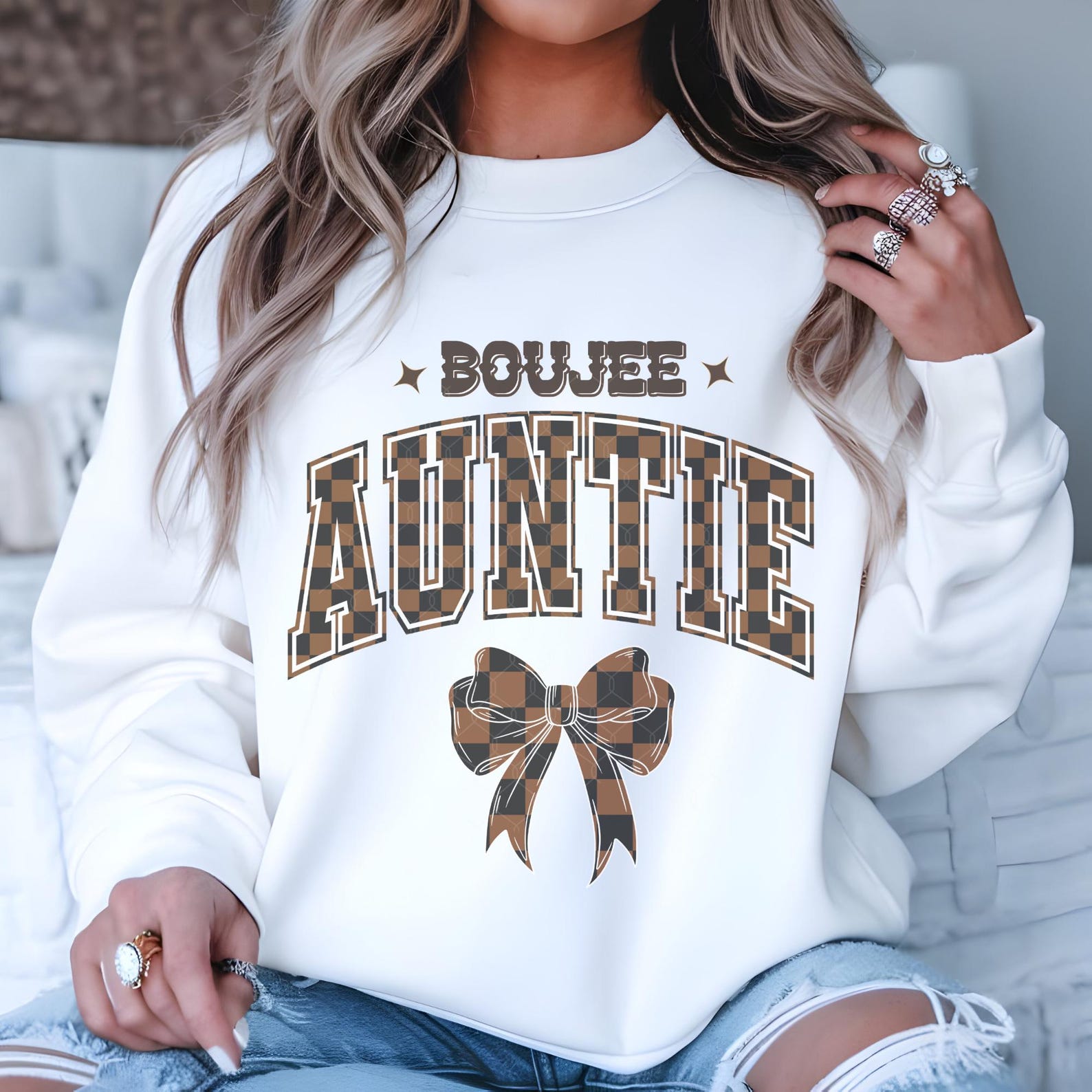 Boujee Auntie Graphic Design With Bow | Brown Checkerboard Pattern ...