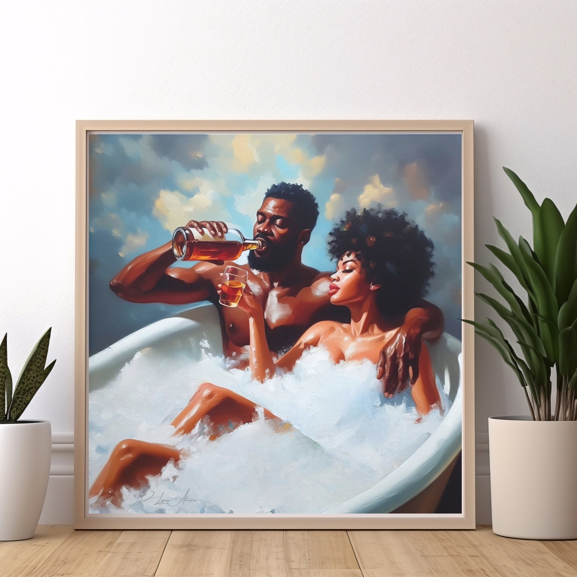 Black Couple Art Black Love Art African Art Relationship Goal Square Art Print Bathroom Decor ...