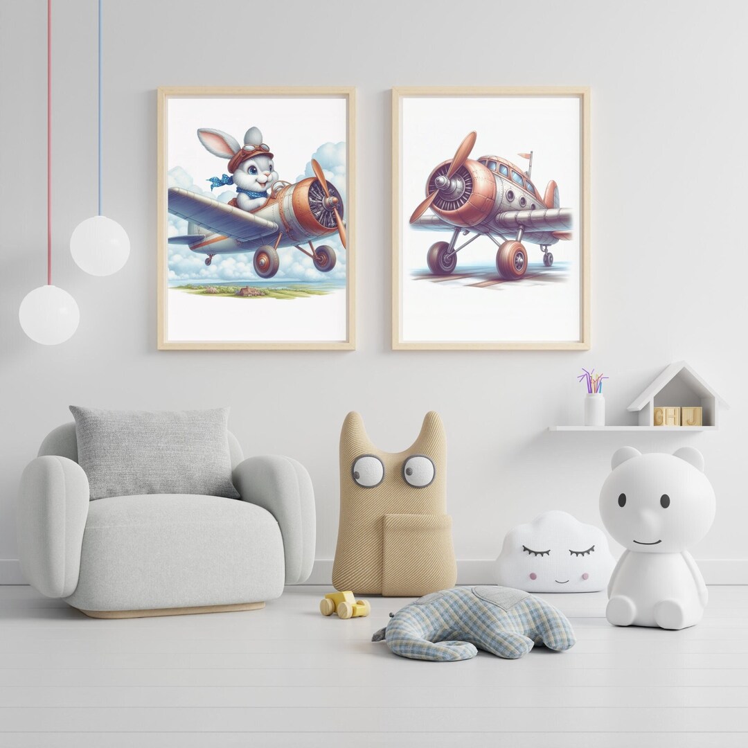 BUNNY Digital Prints Vintage Airplane Nursery Art Adorable Rabbit Pilot ...
