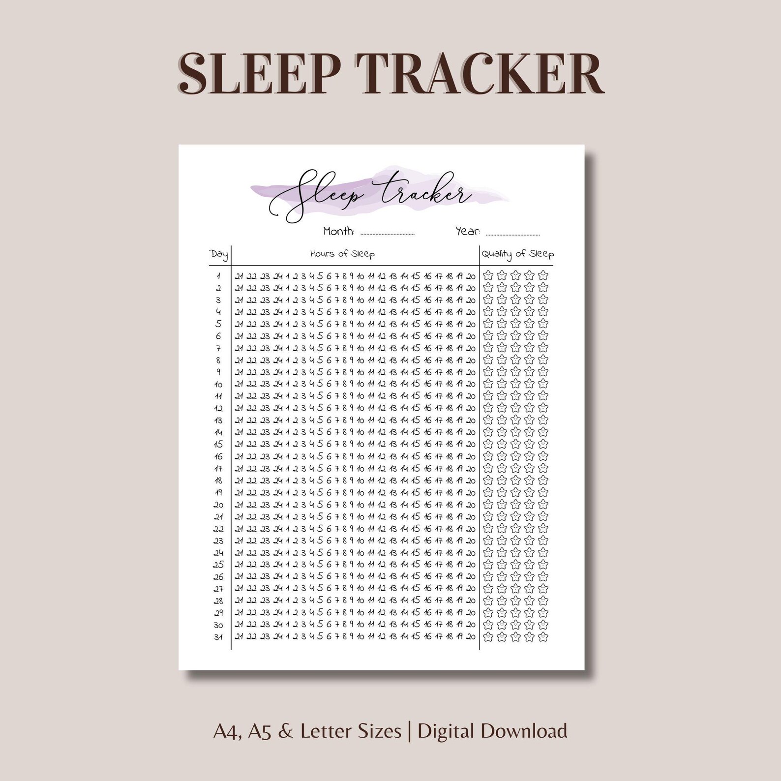 Monthly Sleep Tracker Printable: A4, A5, Letter Sizes (digital Download ...