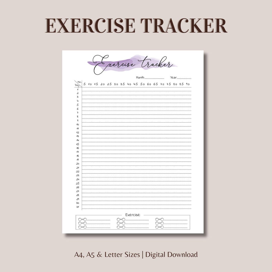 Exercise Tracker Printable Monthly Fitness Log A4, A5 & Letter PDF ...