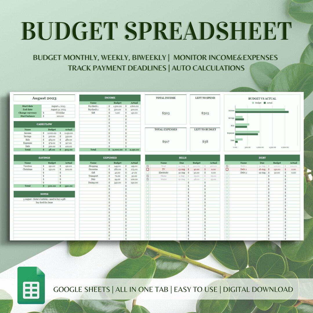 Budget Spreadsheet Template for Google Sheets Financial Planner for ...