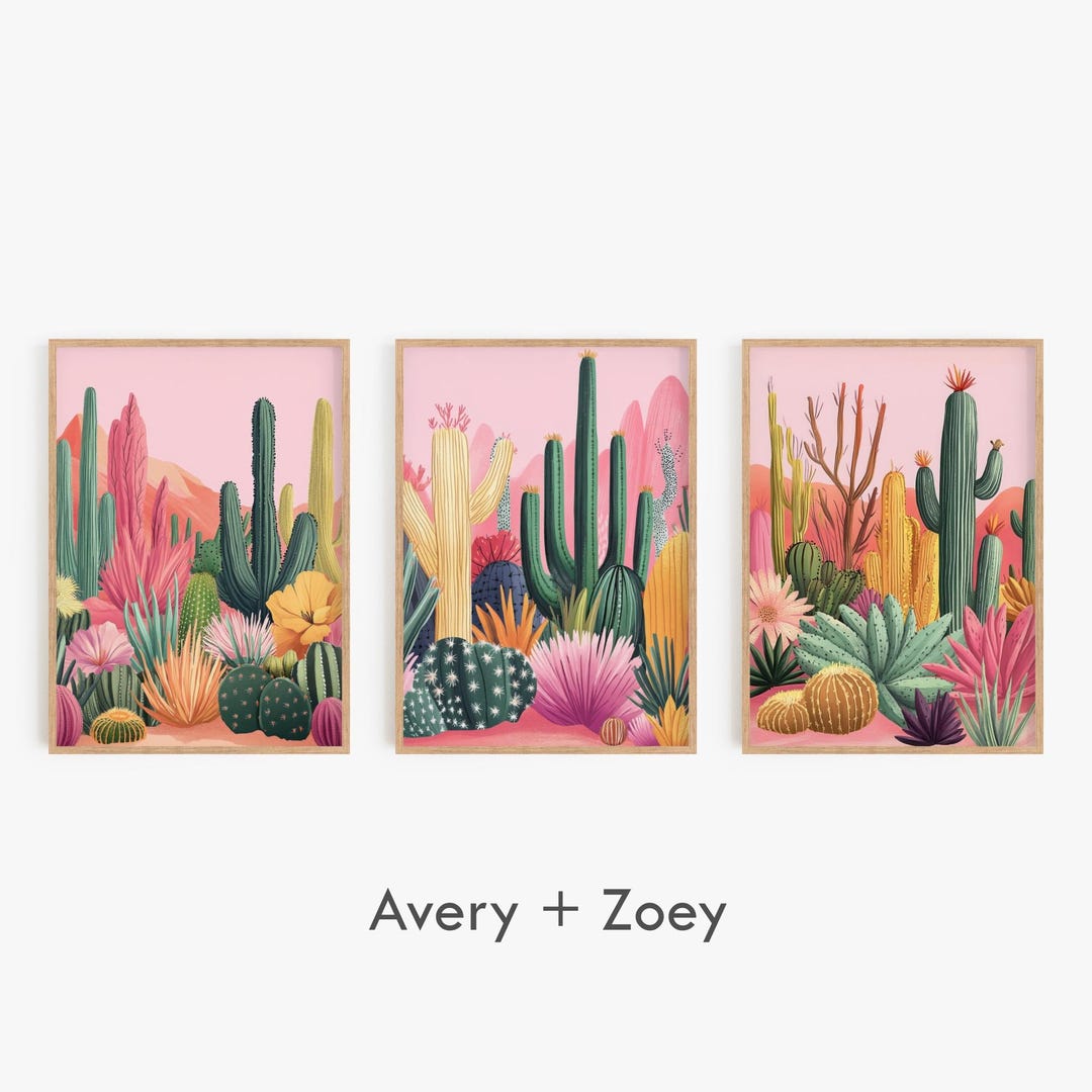 Pink Desert Set of 3, Southwestern Cactus Garden Wall Décor, Modern ...