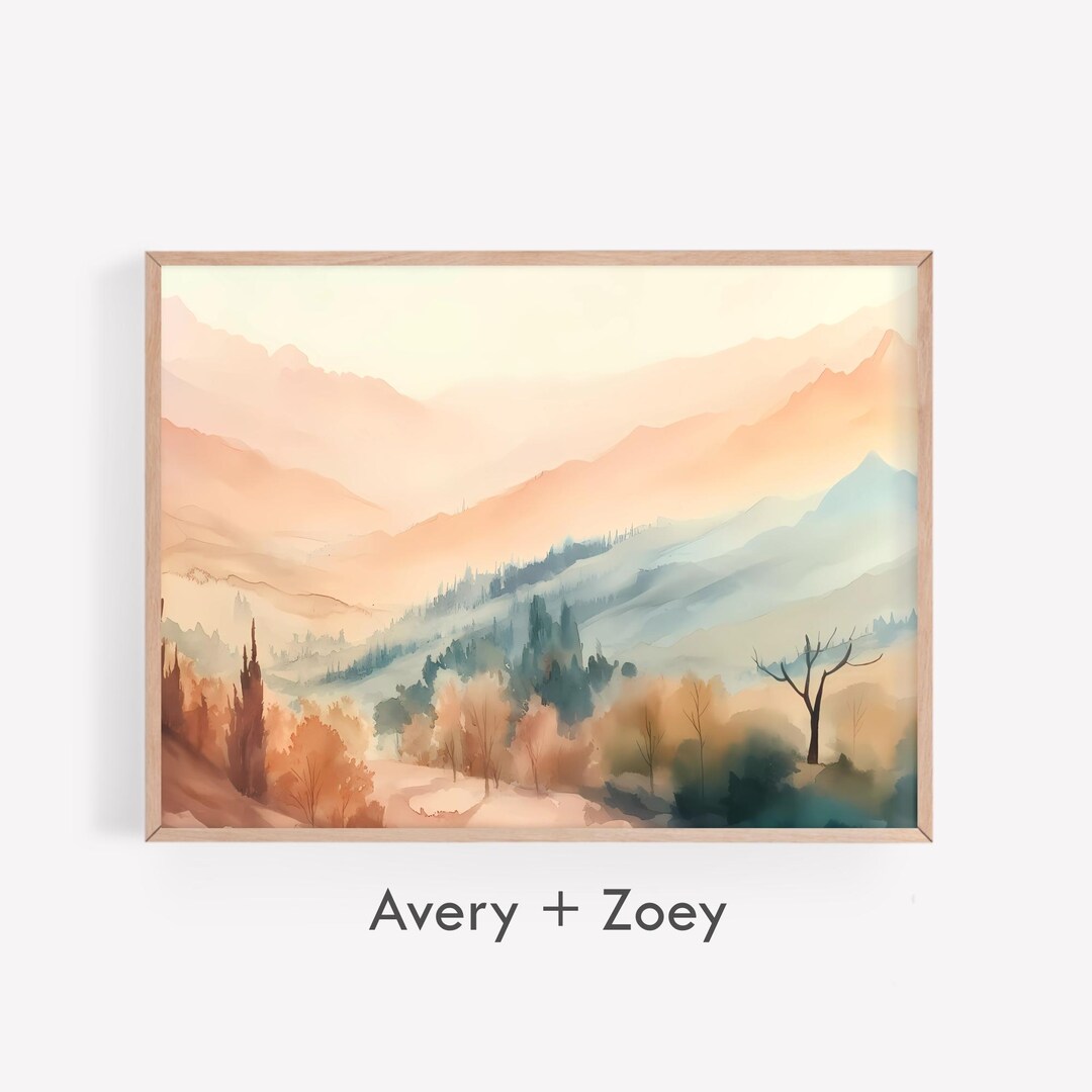 Muted Mountain Landscape, Watercolor Mountain Wall Décor, Mid Century ...