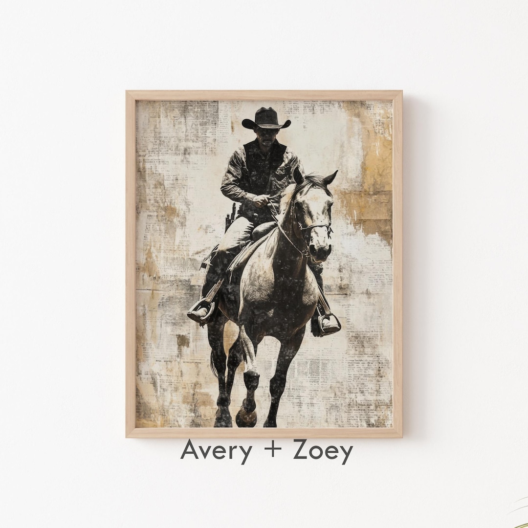 Cowboy Newsprint, Boho Western Art Print, Wild West Ranch Wall Art ...