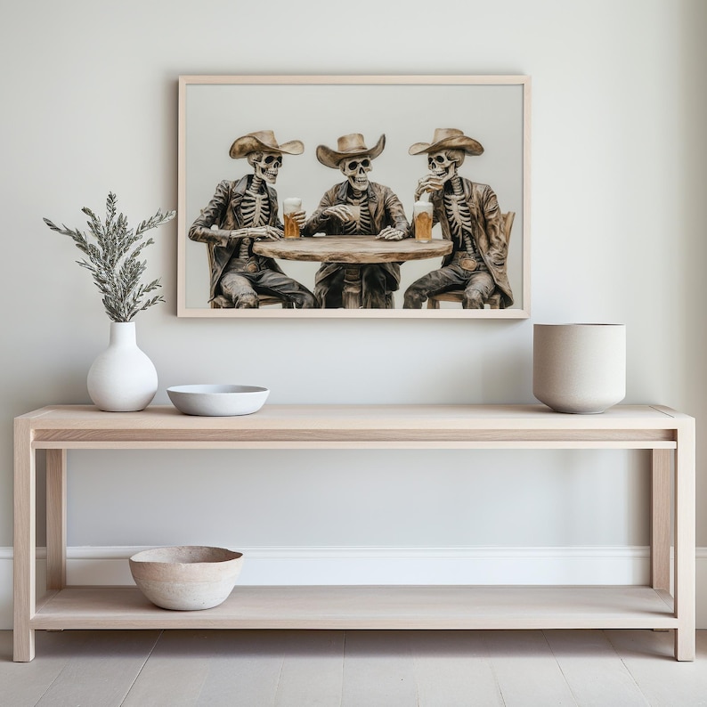 Cowboy Skeletons Drinking Beer, Skull Art, Eclectic Western Wall Décor ...
