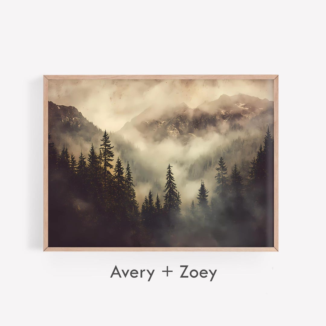 Foggy Mountains, Misty Forest Landscape, Rustic Neutral Landscape ...