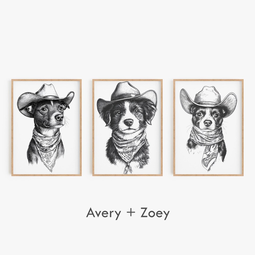 Cowboy Dog Set of 3, Black and White Wild West Prints, Kids Room Wall ...