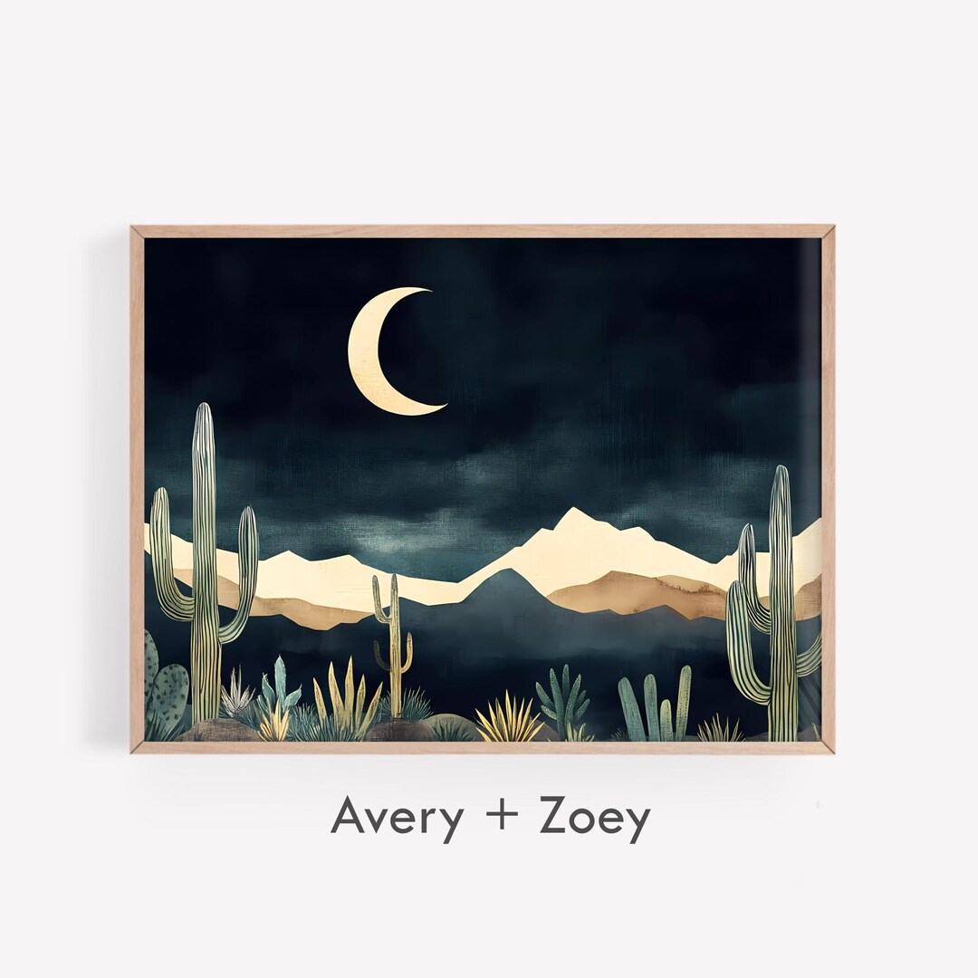 Moon Desert Mountains Landscape, Southwest Night Sky Wall Décor, Retro ...