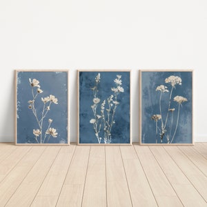 Blue Wildflower Set of 3, Watercolor Flower Wall Art, Minimalist Flower ...