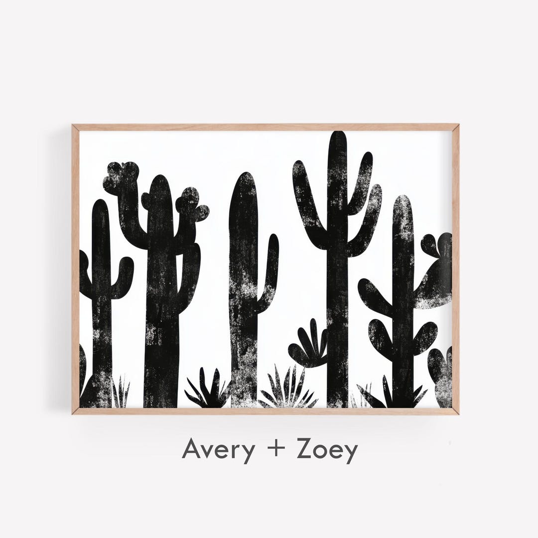 Black and White Cactus Landscape, Southwest Saguaro Wall Décor ...