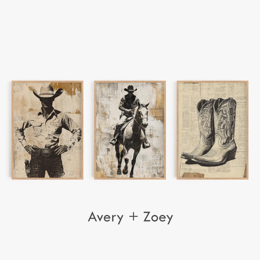 Cowboy Newsprint Set of 3, Vintage Western Ranch Art Print, Boho Texas ...