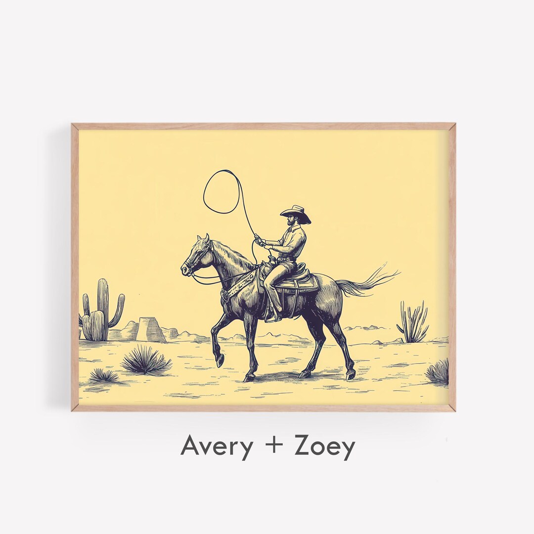 Rodeo Drawing, Retro Cowboy on Horse Wall Décor, Vintage Cowboy Sketch ...