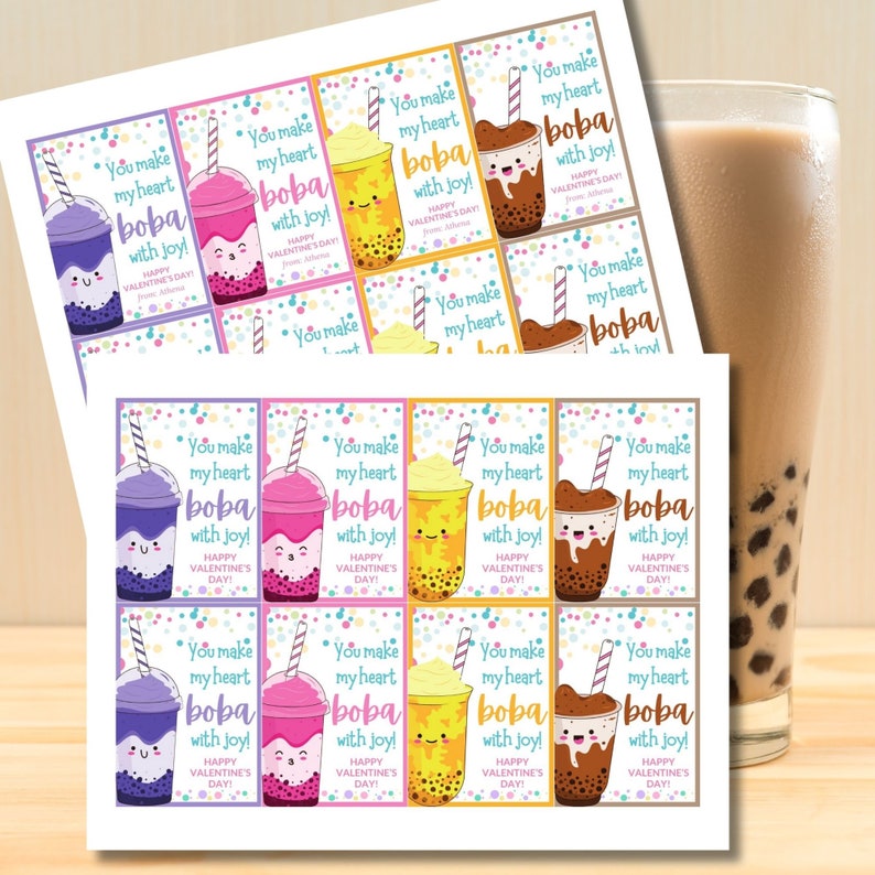 Bubble Tea Boba Valentine Printable Card Tag Kawaii Cute Romantic Gift ...