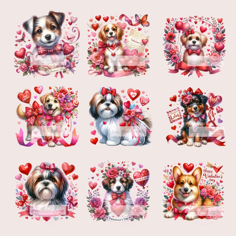 Valentine's Day Dog Clipart Bundle 40 Unique Watercolor Puppy ...