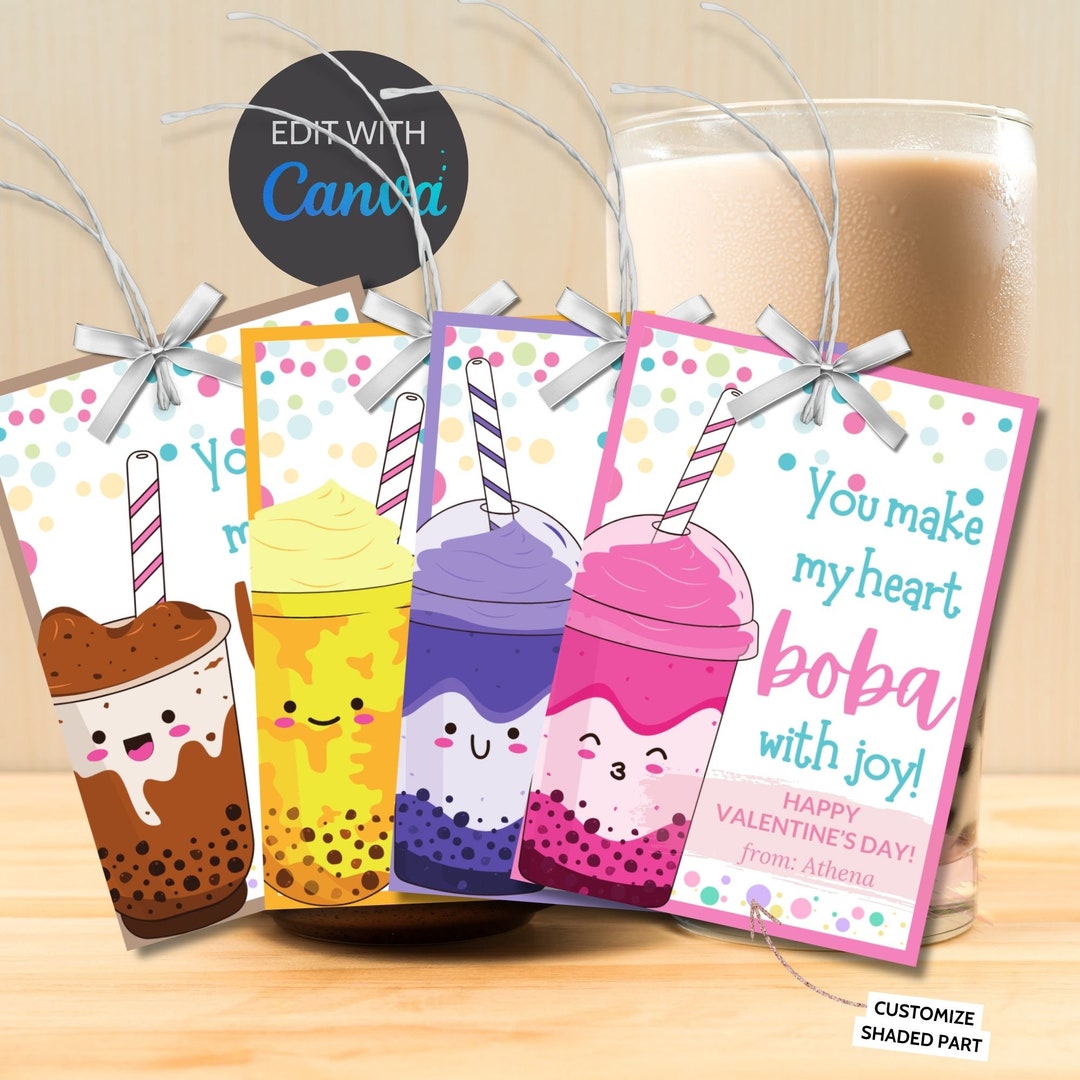 Bubble Tea Boba Valentine Printable Card Tag Kawaii Cute Romantic Gift ...