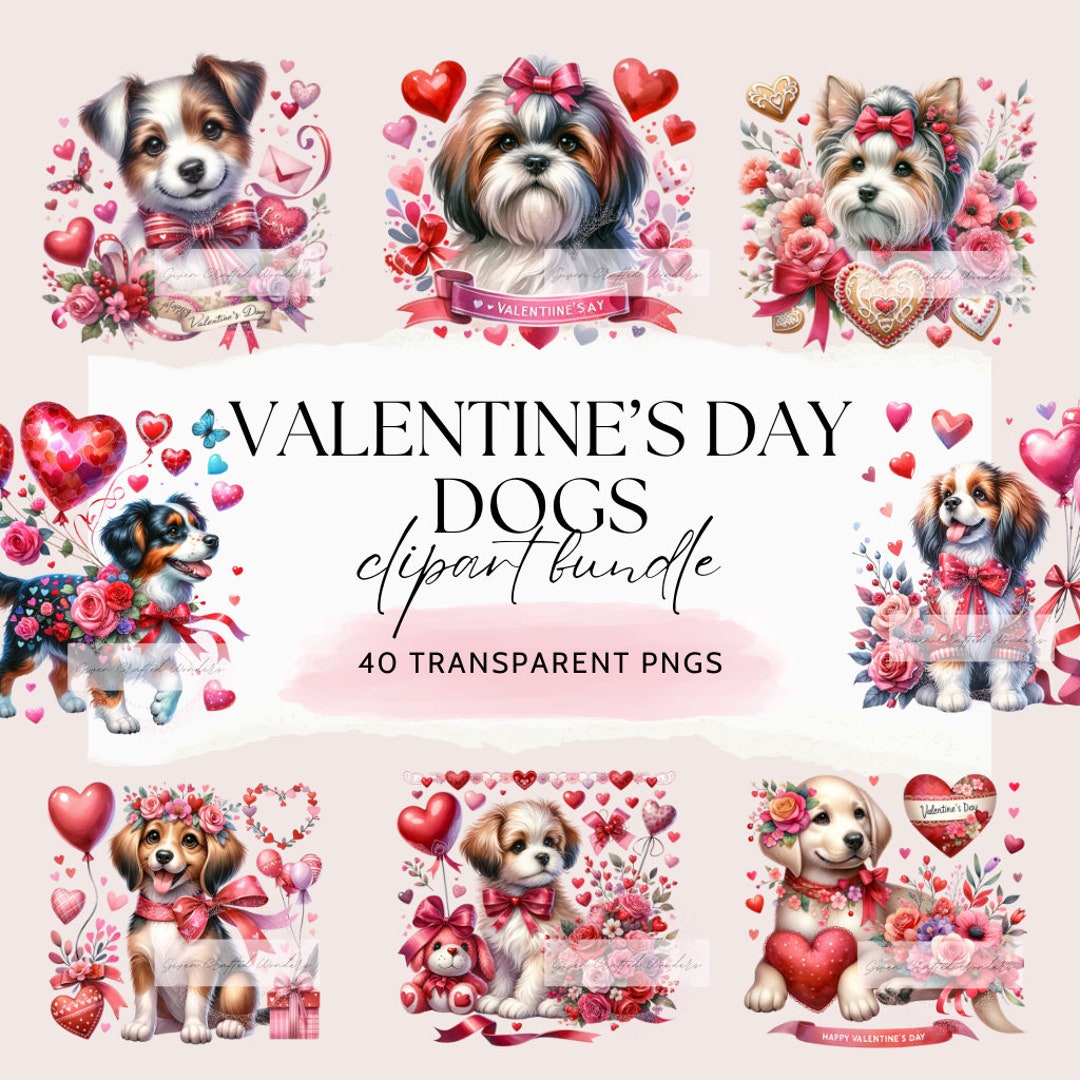 Valentine's Day Dog Clipart Bundle 40 Unique Watercolor Puppy ...
