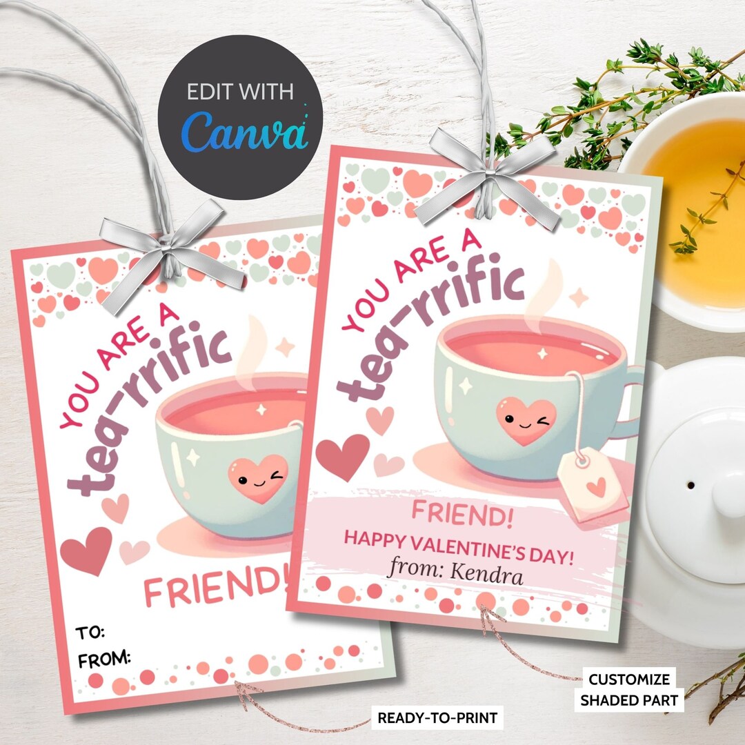 Tea Valentine Printable Card Tag Kawaii Cute Romantic Gift Tea Card ...