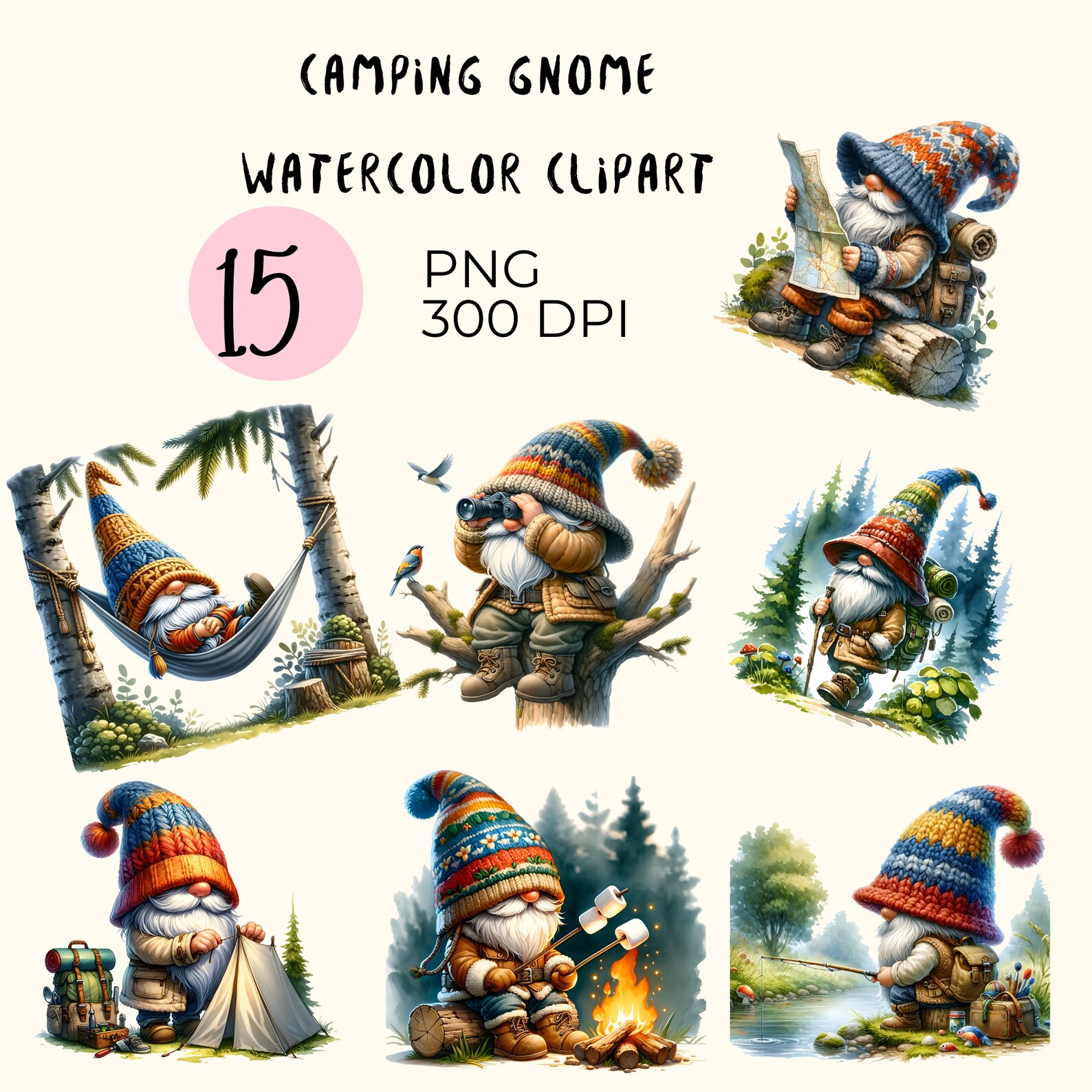 15 PNG Files : Camping Gnome Clipart, Watercolor Gnome Png, Watercolor ...