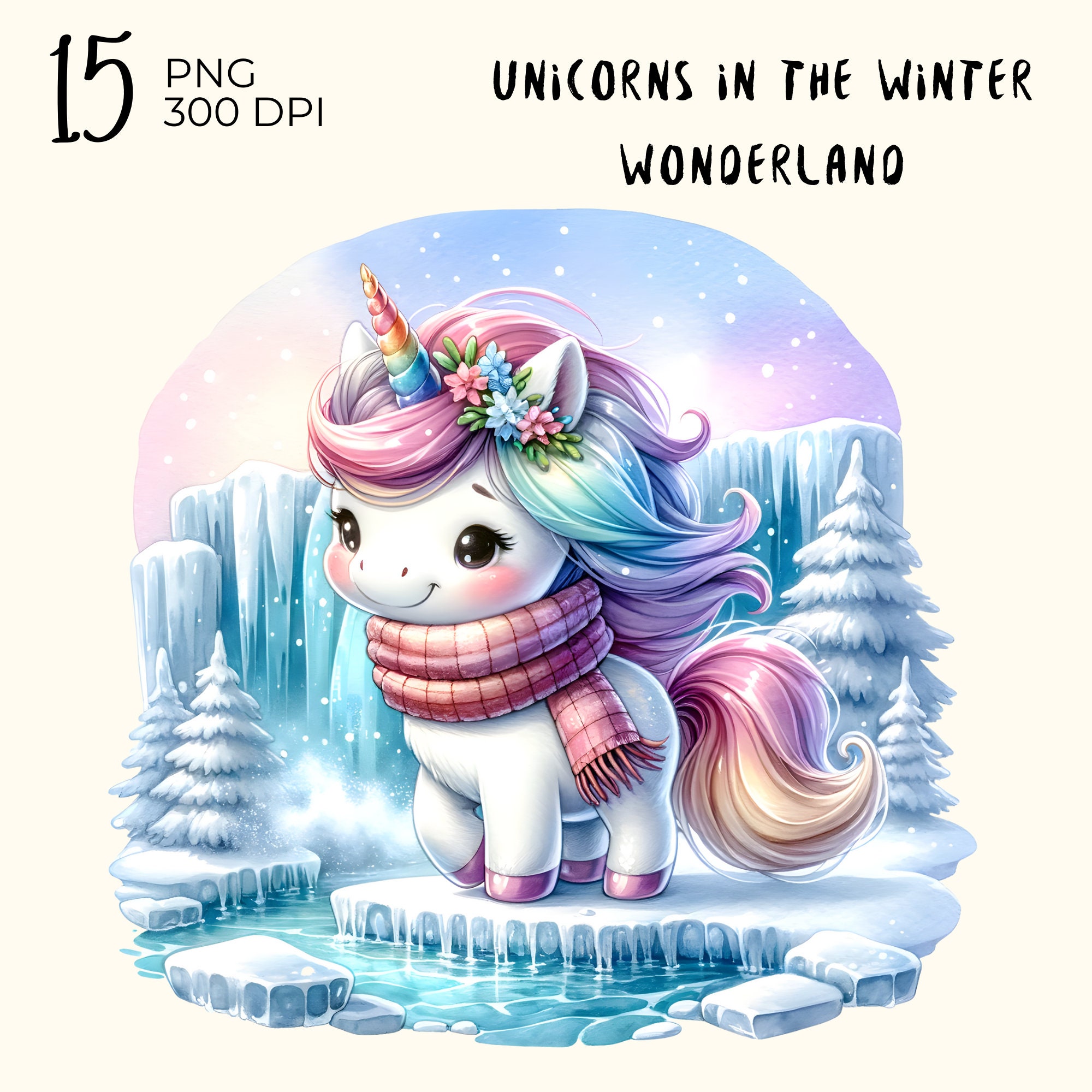 Winter Wonderland Unicorn Clipart: Watercolor PNG Files (digital ...