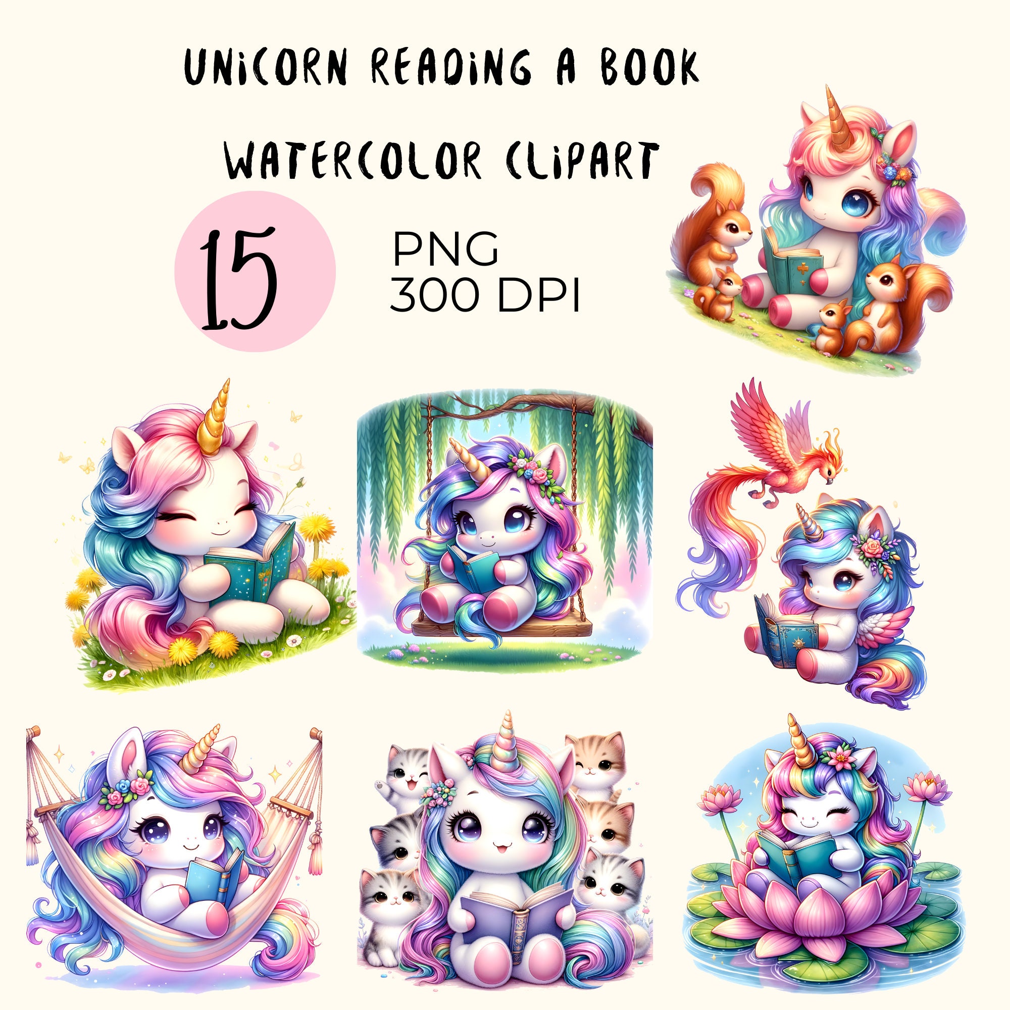15 PNG Files : Unicorn Reading a Book, Unicorn Clipart, Cute Unicorn ...