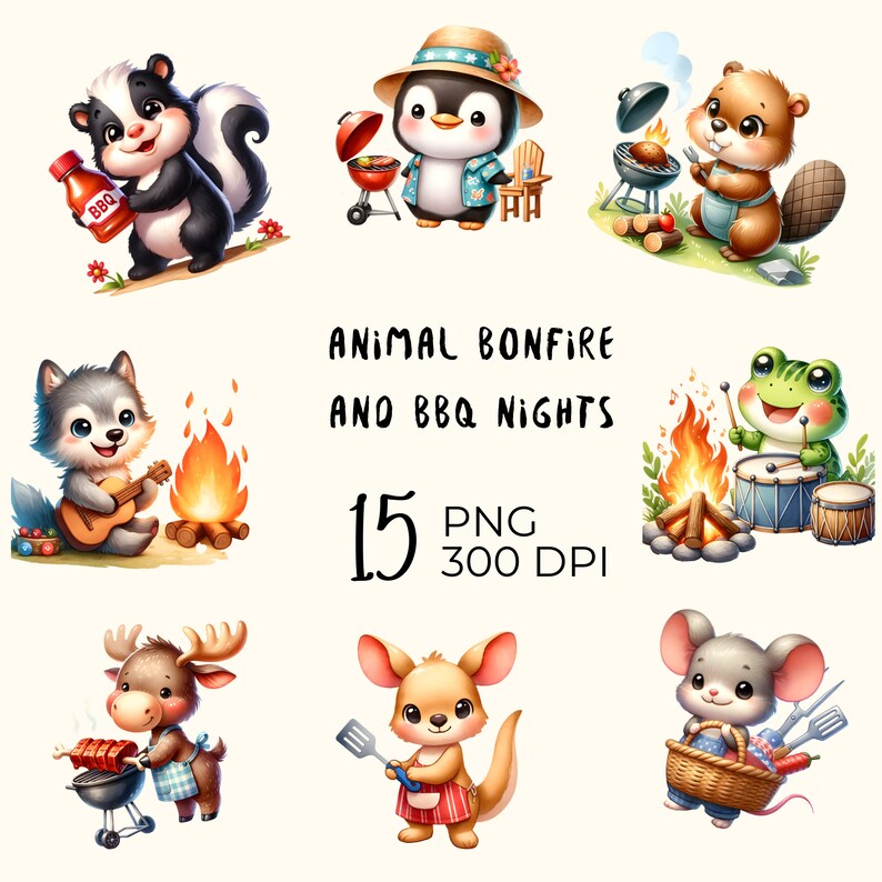 15 PNG Files : Animal Bonfire and BBQ Nights, Watercolor Cute Animal ...