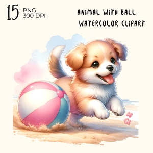 15 PNG Files : Animal With Ball, Watercolor Cute Animal, Watercolor Png ...