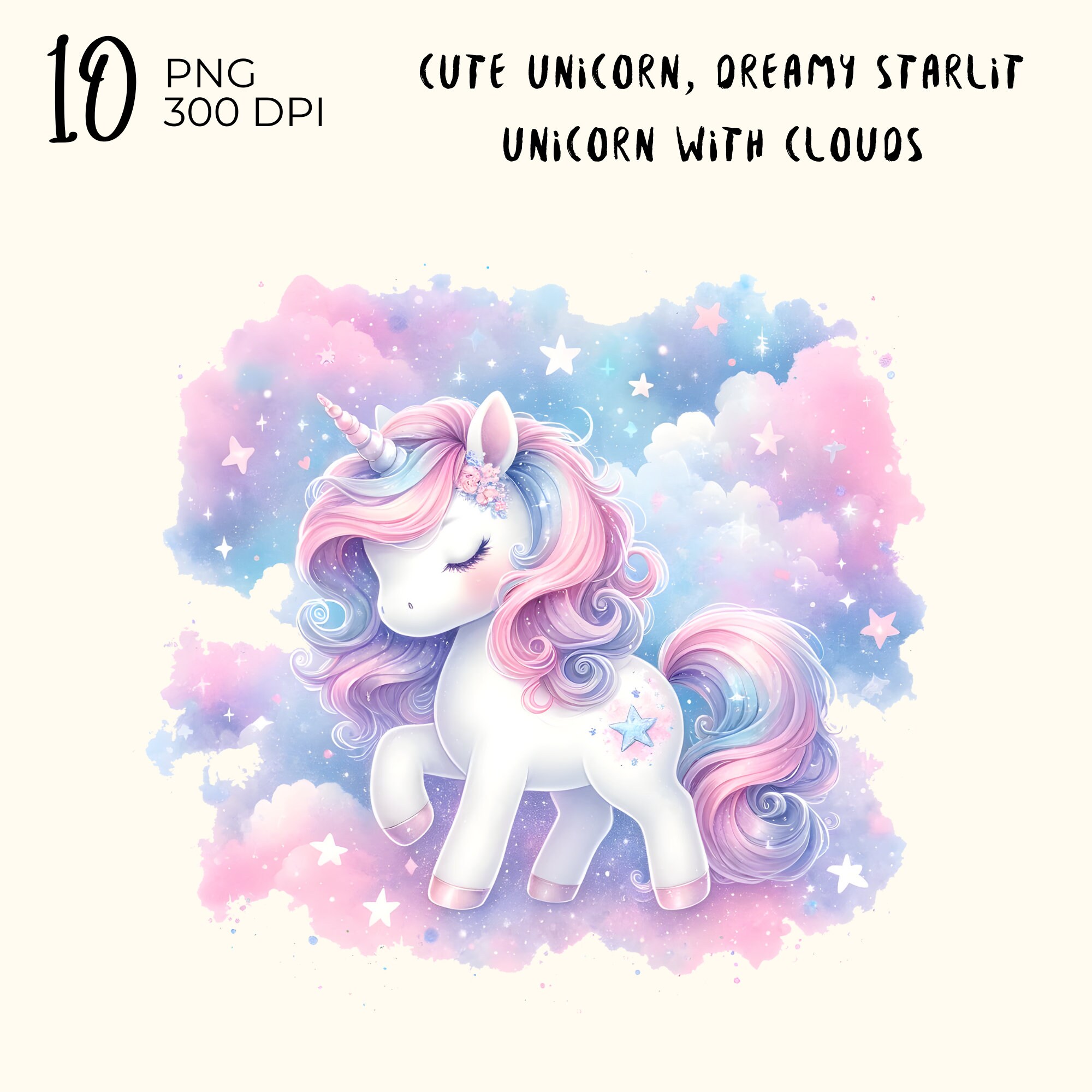 10 PNG Files : Cute Unicorn, Dreamy Starlit Unicorn With Clouds ...