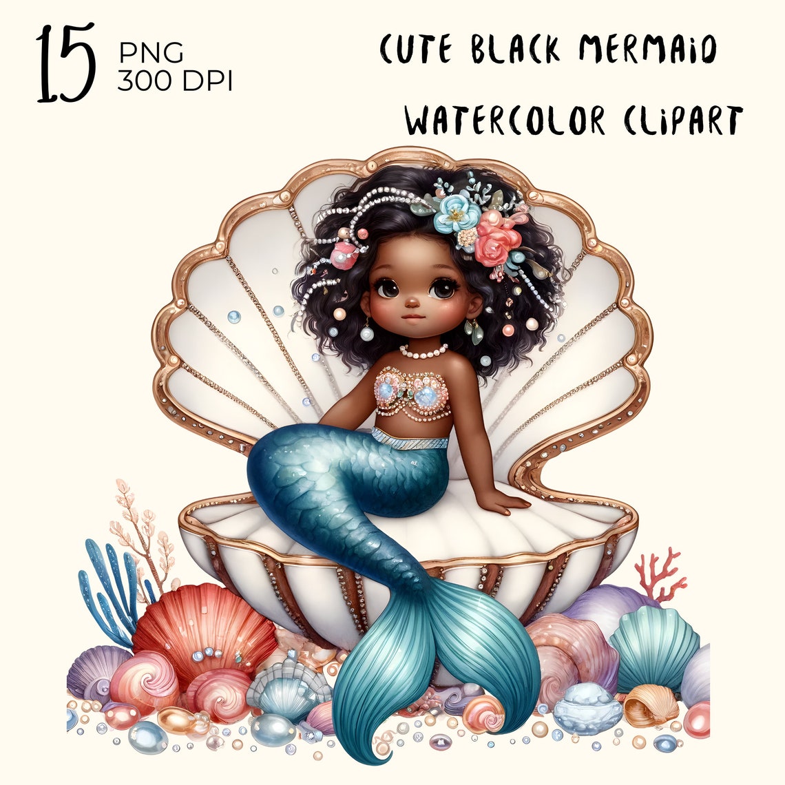 Watercolor Black Mermaid Clipart Bundle (15 PNG Files) - Etsy