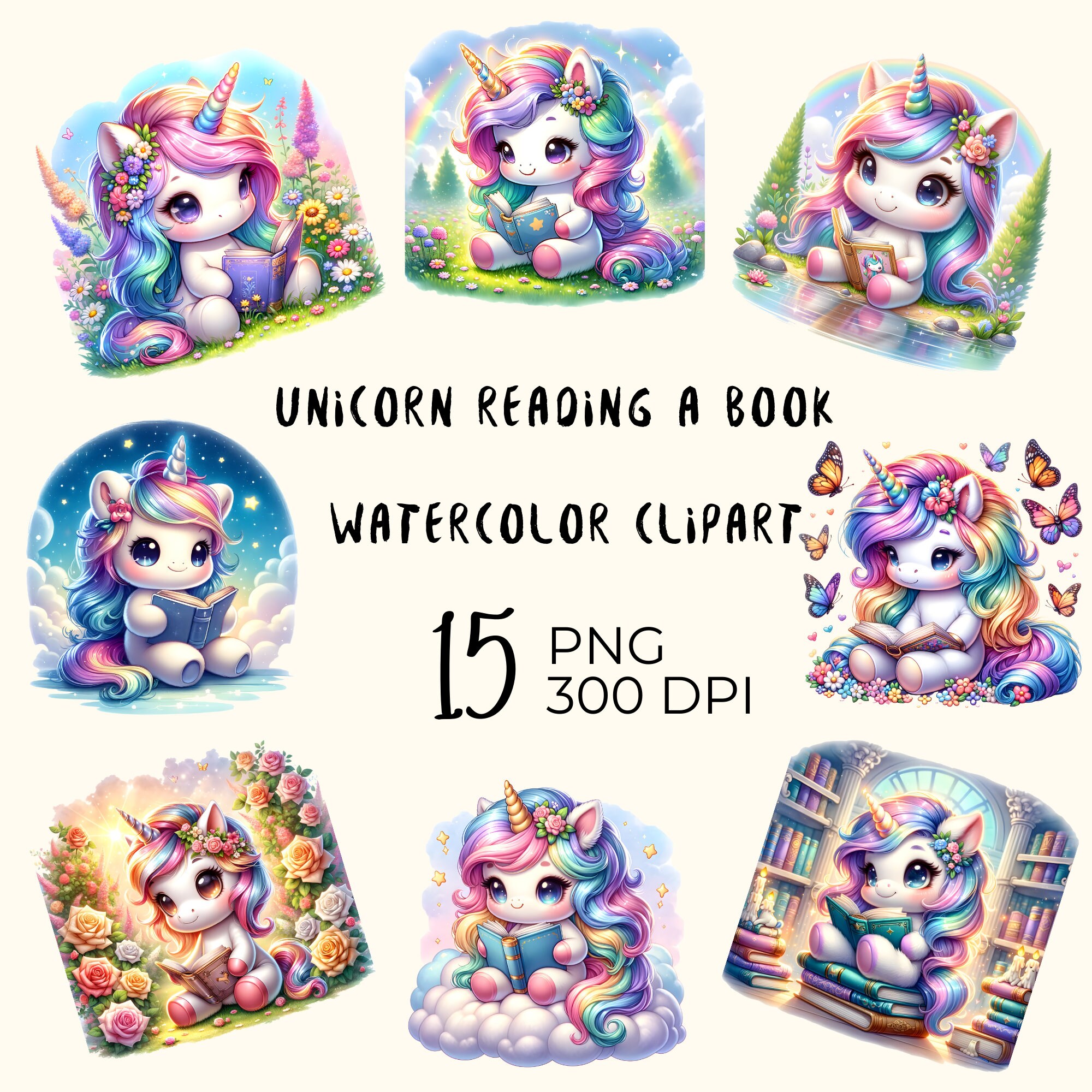 15 PNG Files : Unicorn Reading a Book, Unicorn Clipart, Cute Unicorn ...