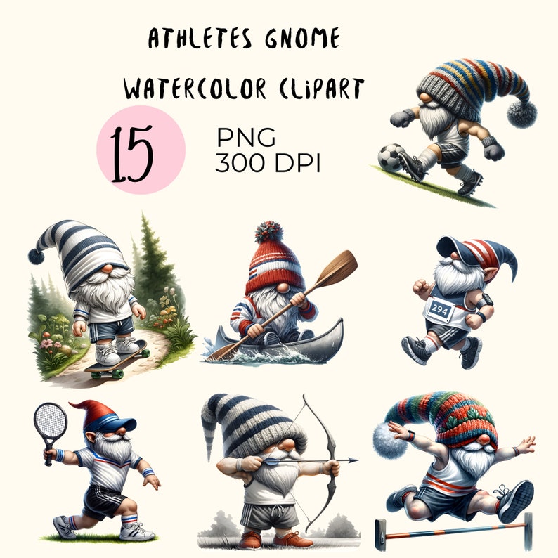 15 PNG Files : Athletes Gnome Clipart, Watercolor Gnome Png, Watercolor ...